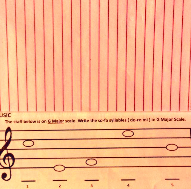 1 music the staff below is on g major scale write the so fa syllables ...