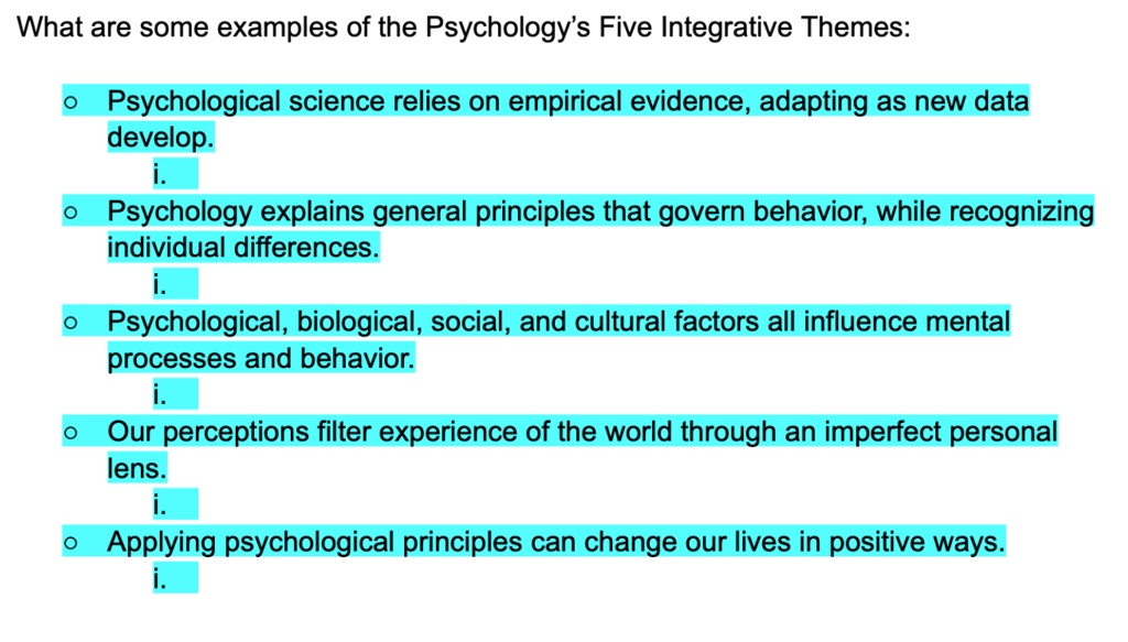 SOLVED: What are some examples of the Psychology's Five Integrative ...