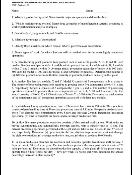 mechanization and automation in technological processes test 1 lecture ...