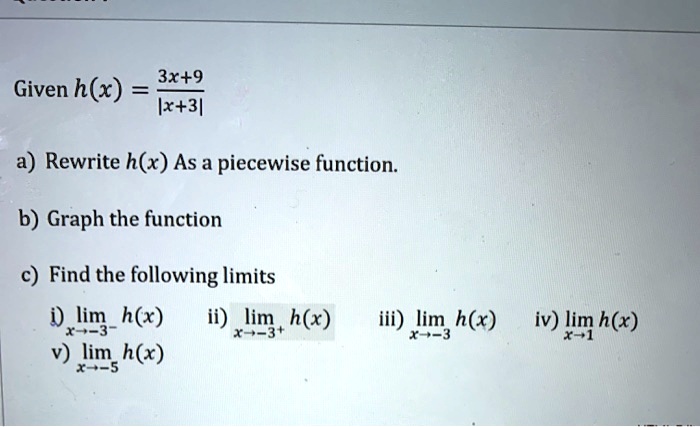 SOLVED: 3x+9 Given h(x) Ix+31 Rewrite h(x) As a piecewise function: b ...