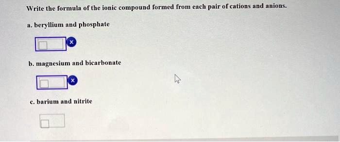 SOLVED: Write the formula of the ionic compound formed from each pair ...