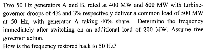 SOLVED: Two 50 Hz generators A and B; rated at 400 MW and 600 MW with ...