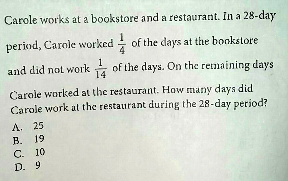 Carole works at a bookstore and a restaurant. In a 28-day...