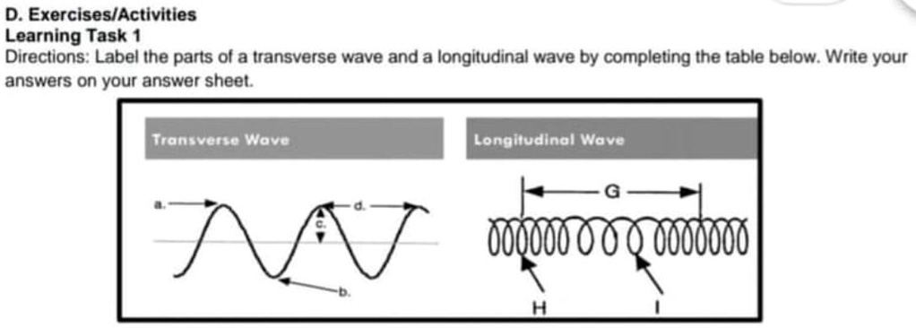 D. Exercises/Activities Learning Task 1 Directions: Label the parts of a transverse wave and a ...