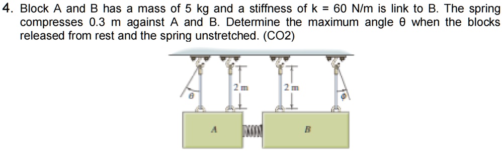 SOLVED: 4 Block A and B has mass of 5 kg and a stiffness of k 60 Nlm is link to B The spring ...