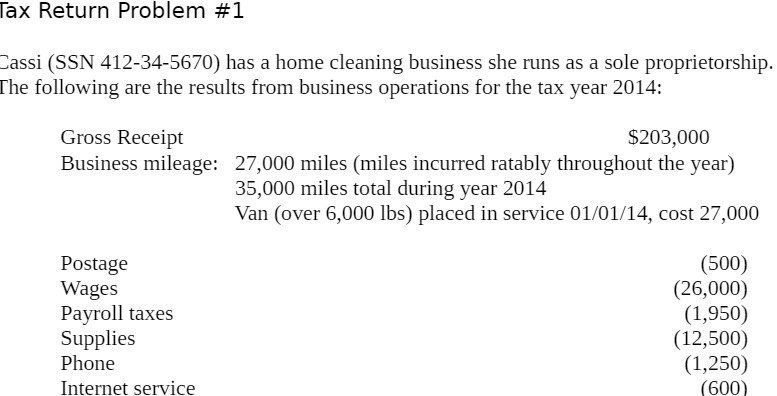 tax return problem 1 cassi ssn 412 34 5670 has a home cleaning business she runs as a sole ...