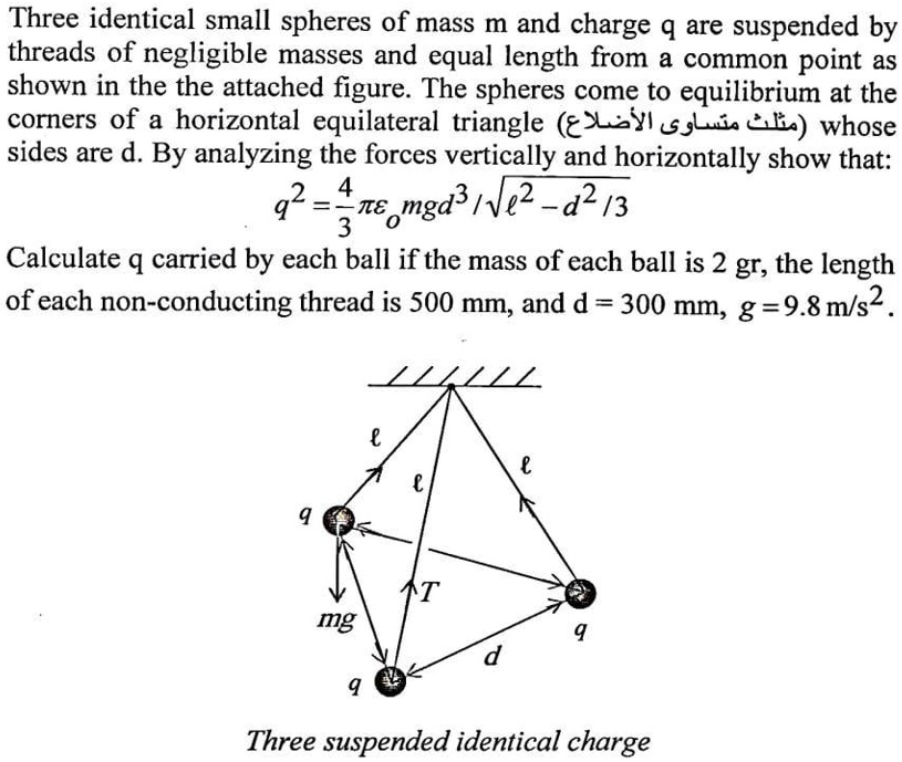 SOLVED: Please also show that three identical small spheres of mass m and charge q are suspended ...