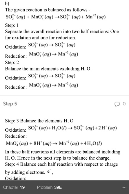 SOLVED: The given reaction is balanced as follows SO (aq) MnO; (aq) SO; (aq) + Mn (aq) Step ...