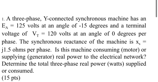 SOLVED: l. A three-phase, Y-connected synchronous machine has an E = 125 volts at an angle of ...
