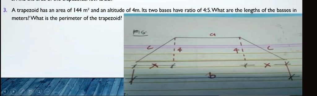 3. A trapezoid has an area of 144 m² and an altitude of 4m. Its two ...