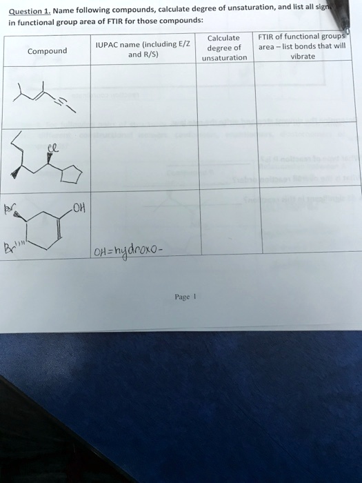 SOLVED: Question 1: Name the following compounds, calculate the degree of unsaturation, and list ...