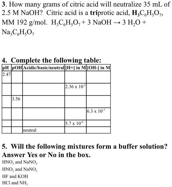 SOLVED: How many grams of citric acid will neutralize 35 mL of 2.5 M NaOH? Citric acid is a ...