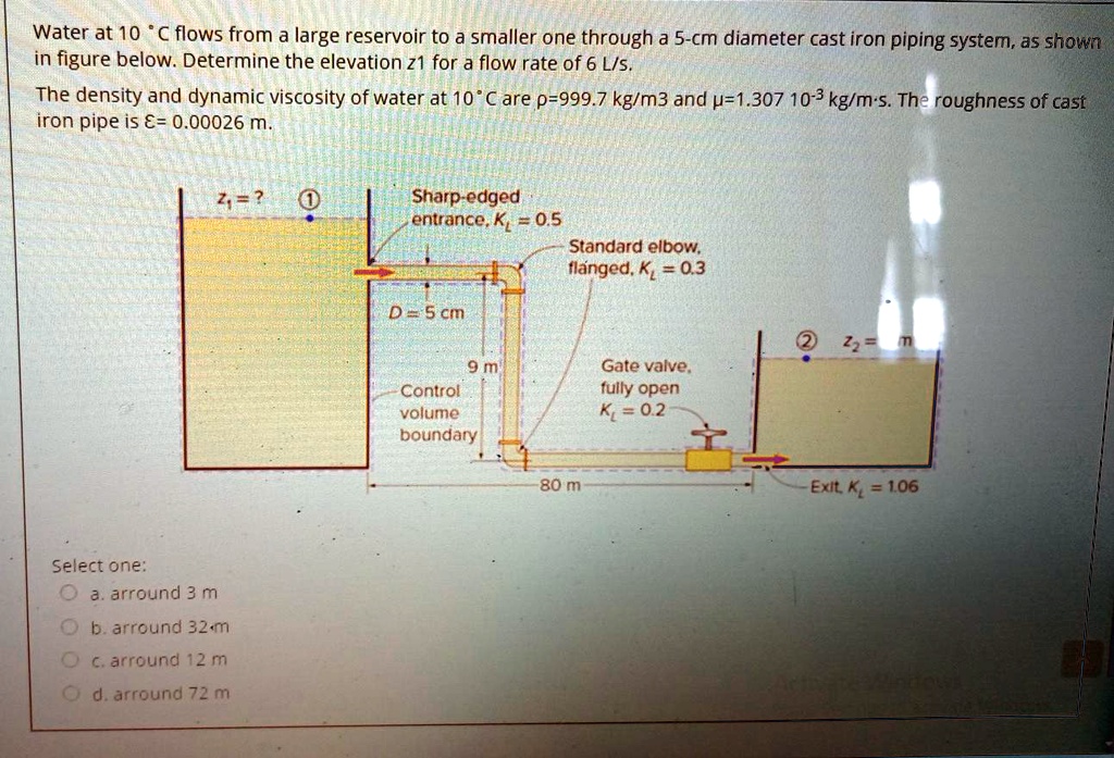 water at 10 c flows from a large reservoir to a smaller one through a 5 ...