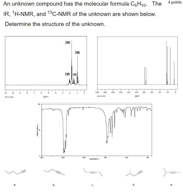 An unknown compound has the molecular formula C6H10. The IR, ^1H-NMR, and ^13C-NMR of the ...