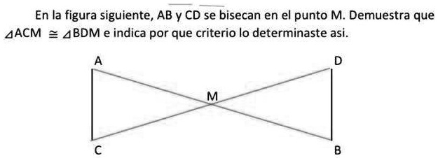 En la figura siguiente, AB y CD se bisecan en el punto M. Demuestra que ...