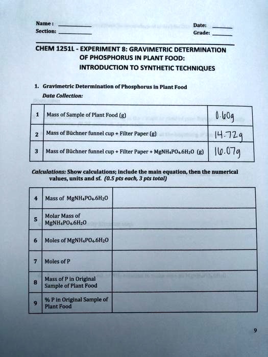 SOLVED: Name : Section: Datc: Gride: CHEM 1251L EXPERIMENT 8 ...