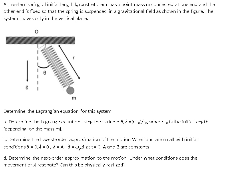 A massless spring of initial length l0 (unstretched) has a point mass m ...