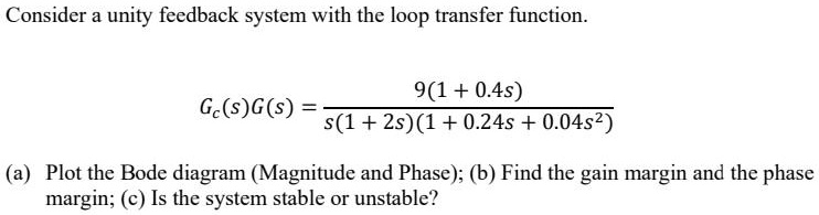 SOLVED: Consider a unity feedback system with the loop transfer function: G(s) = 9(1+0.4s) Gc(s ...
