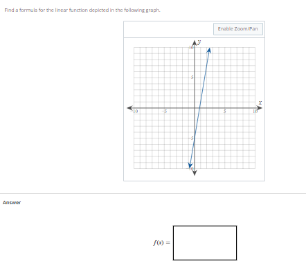 Find a farmula for the linear function depicted in the following graph. Enable Zoom/Pan Answer f(x)=