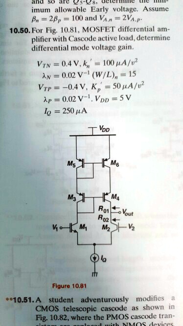 SOLVED: For Fig. 10.81, MOSFET differential amplifier with Cascode active load, determine ...
