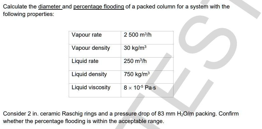 SOLVED: Calculate the diameter and percentage flooding of a packed column for a system with the ...