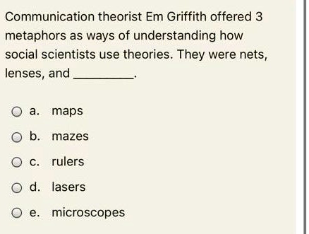 Communication theorist Em Griffith offered 3 metaphors as ways of ...