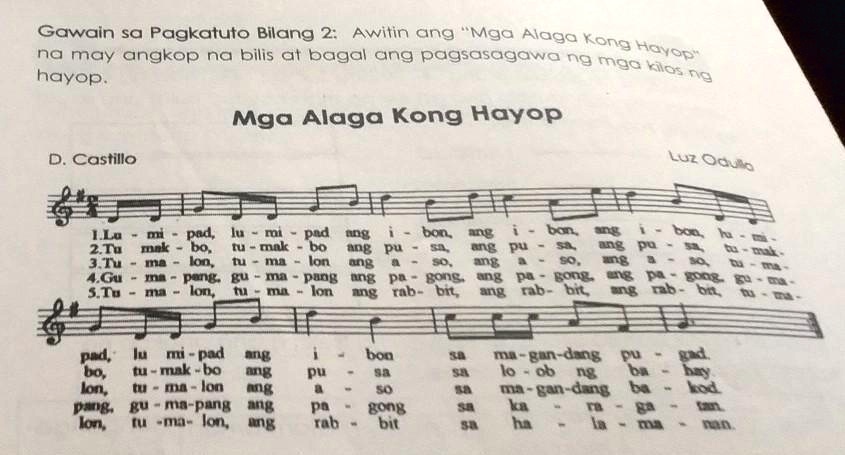 gawain sa pagkatuto bilang 2 awitin ang mga alaga kong hayop na may ...