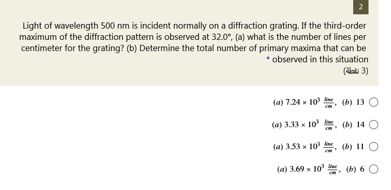 SOLVED: Light of wavelength 500 nm is incident normally on diffraction grating: If the third ...