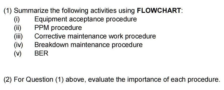 (1) Summarize the following activities using FLOWCHART: (i) Equipment ...