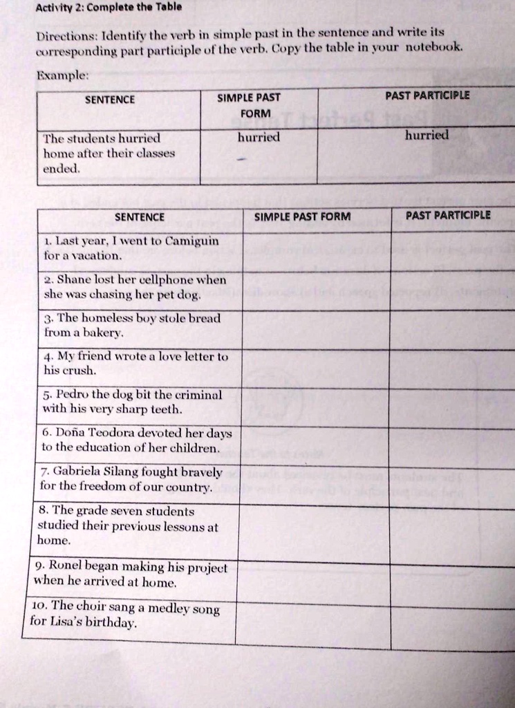 whats in activity 2 complete the table directions identify the verb in simple past in the ...