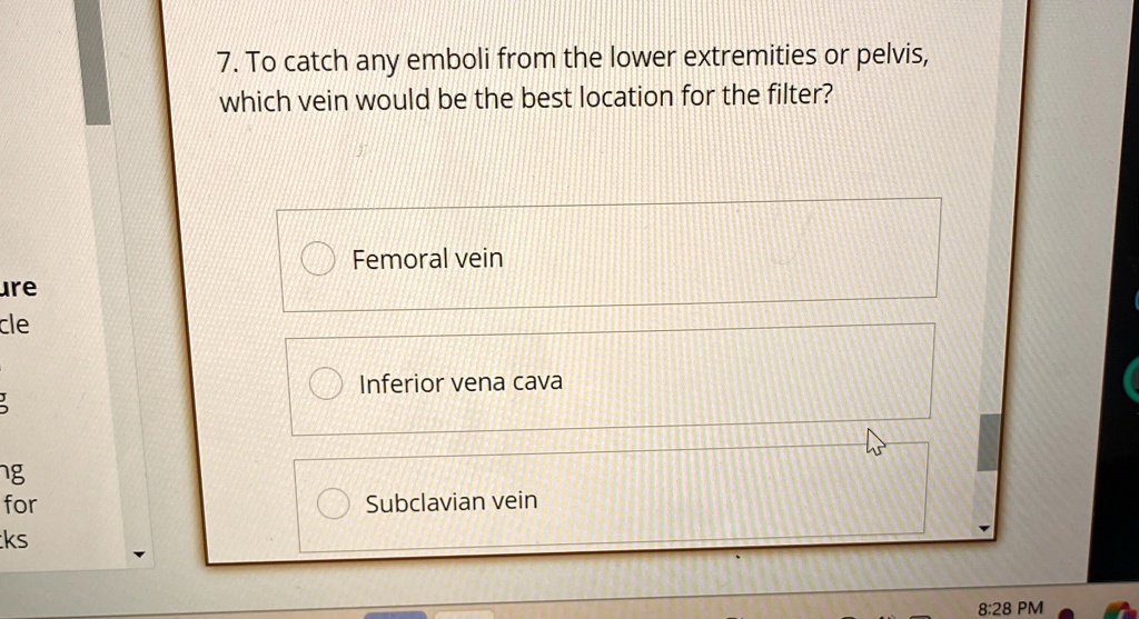 7 to catch any emboli from the lower extremities or pelvis which vein would be the best location ...