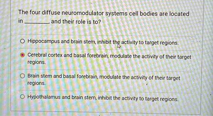 The four diffuse neuromodulator systems cell bodies are located in ...