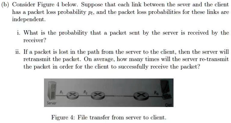 (b) Consider Figure 4 below. Suppose that each link between the sever and the client has a ...