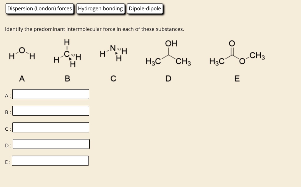 SOLVED: Dispersion (London) forces, Hydrogen bonding, Dipole-dipole Identify the predominant ...