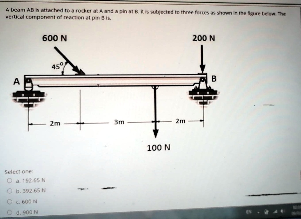 SOLVED: A beam AB is attached to a rocker at A and a pin at B. It is ...