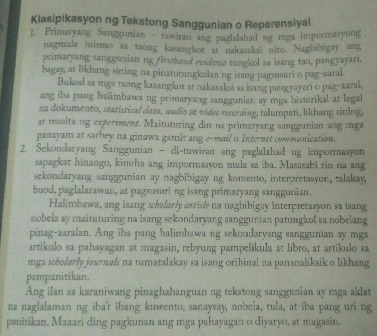SOLVED: Klasipikasyon ng Tekstong Sanggunian o Reperensiyal 1. Primaryang Sanggunian - tuwiran ...