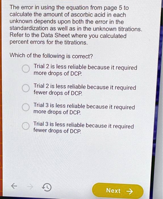 SOLVED: The error in using the equation from page 5 to calculate the amount of ascorbic acid in ...
