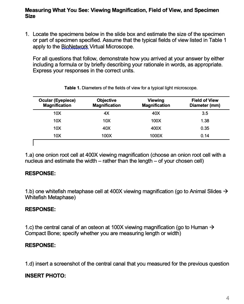 SOLVED: Measuring What You See: Viewing Magnification, Field of View, and Specimen Size 1 ...
