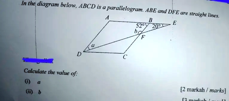 SOLVED: In the diagram below, ABCD is a parallelogram. ABE and DFE are straight lines. Calculate ...