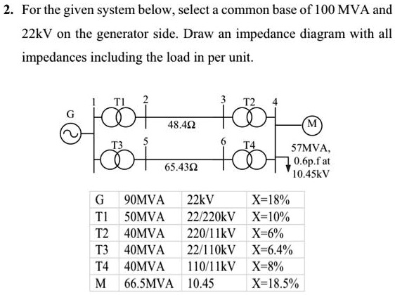 2. For the given system below, select a common base of 100 MVA and 22kV on the generator side ...