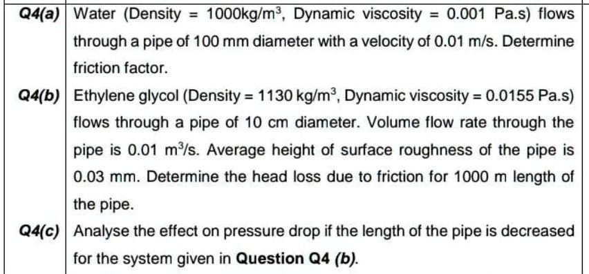 q4a water density 1o00kglm dynamic viscosity 0001 pas flows through a pipe of 100 mm diameter ...