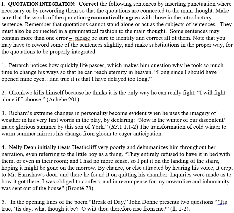 quotation integration correct the following sentences by inserting ...