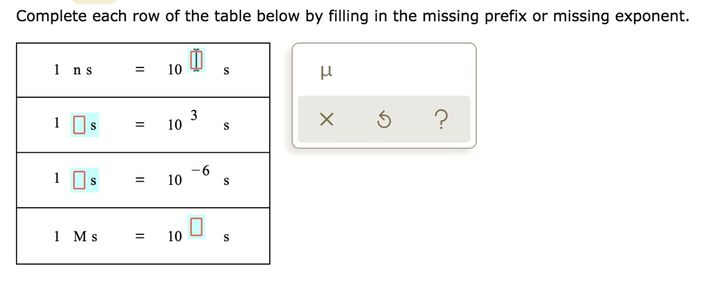 Complete each row of the table below by filling in the missing prefix or missing exponent. 1 ns ...