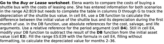 Go to the Buy or Lease worksheet. Elena wants to compare the costs of buying a shuttle bus with ...