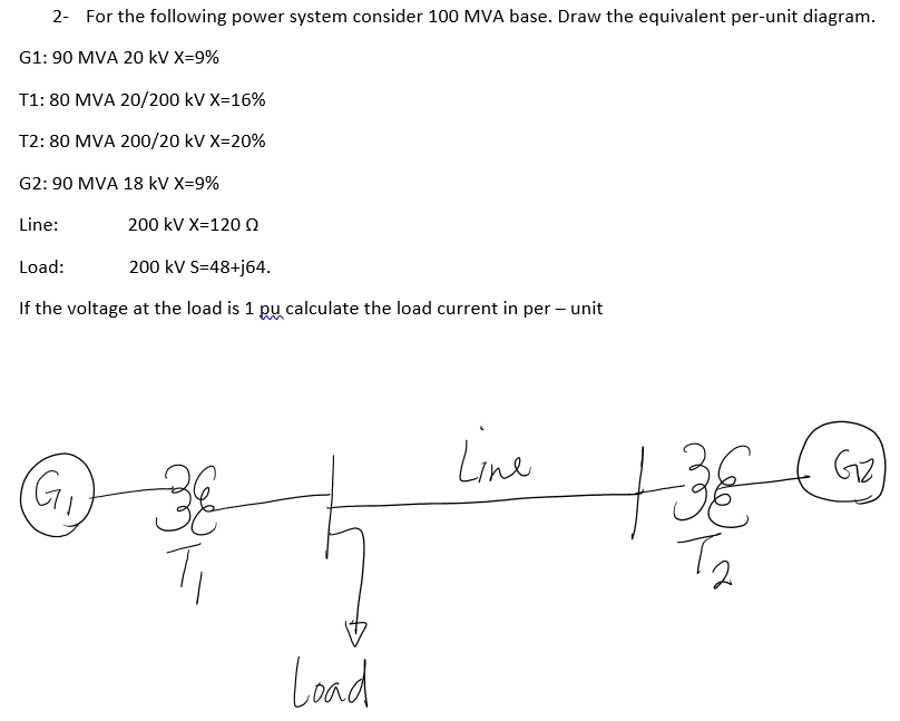 SOLVED: For the following power system, considering a 100 MVA base, draw the equivalent per-unit ...