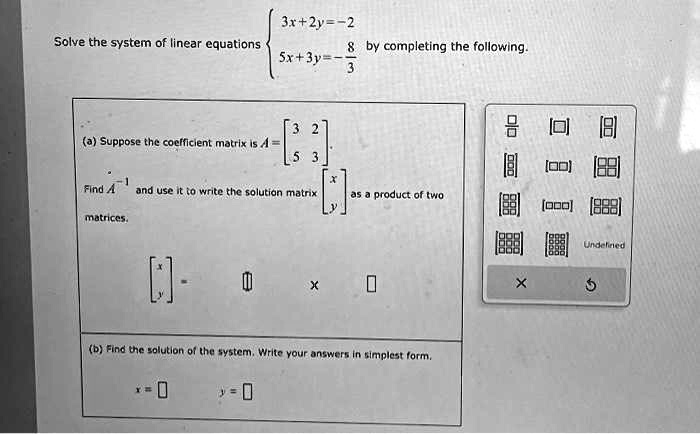 SOLVED: Texts: 3x + 2y = -2 Solve the system of linear equations by ...