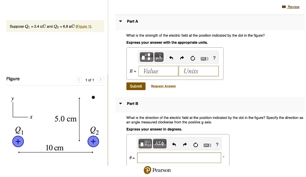 Part A Suppose Q1 = 3.4 nC and Q2 = 6.8 nC (Figure 1). What is the strength of the electric ...