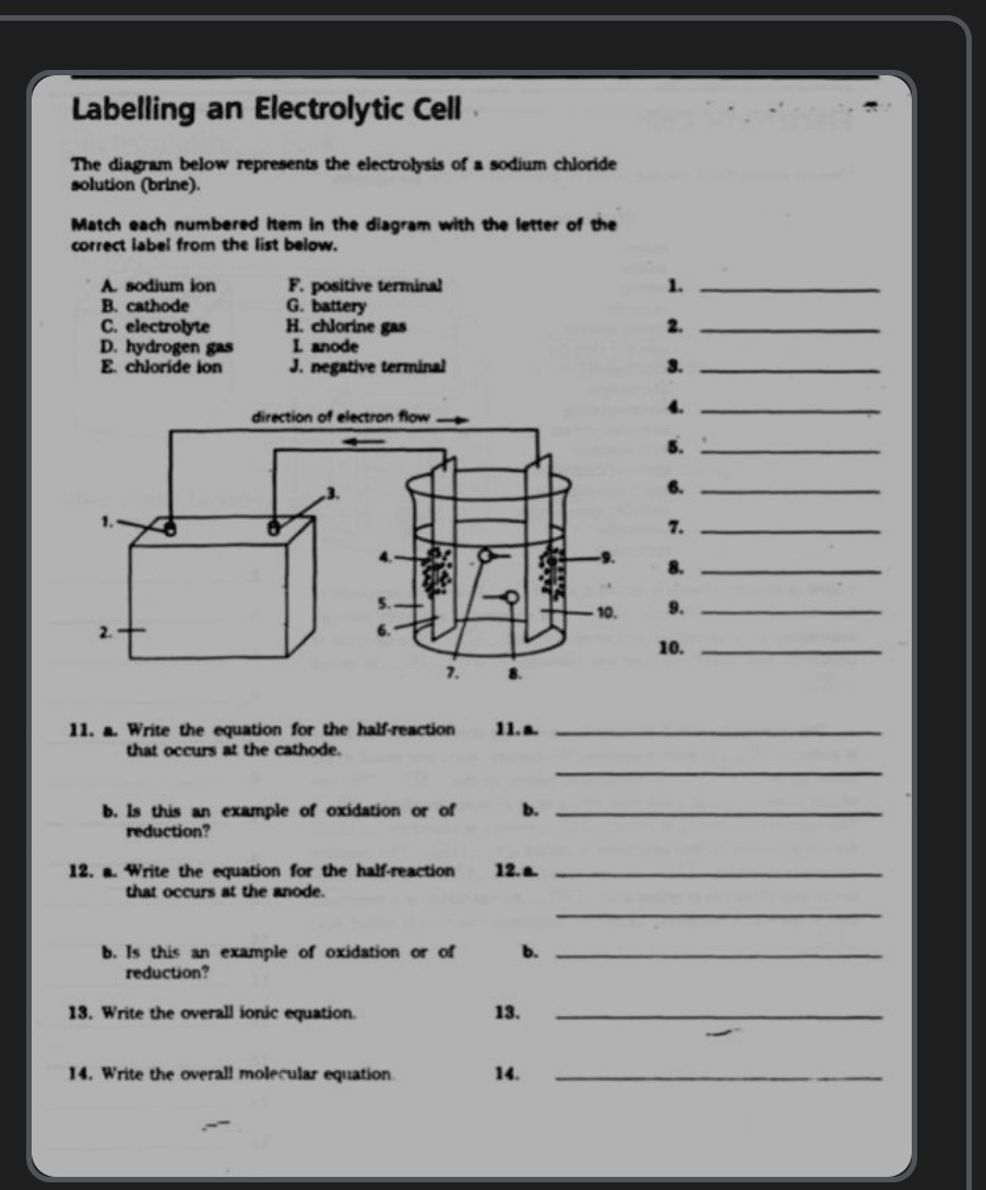 SOLVED: Labelling an Electrolytic Cell The diagram below represents the ...