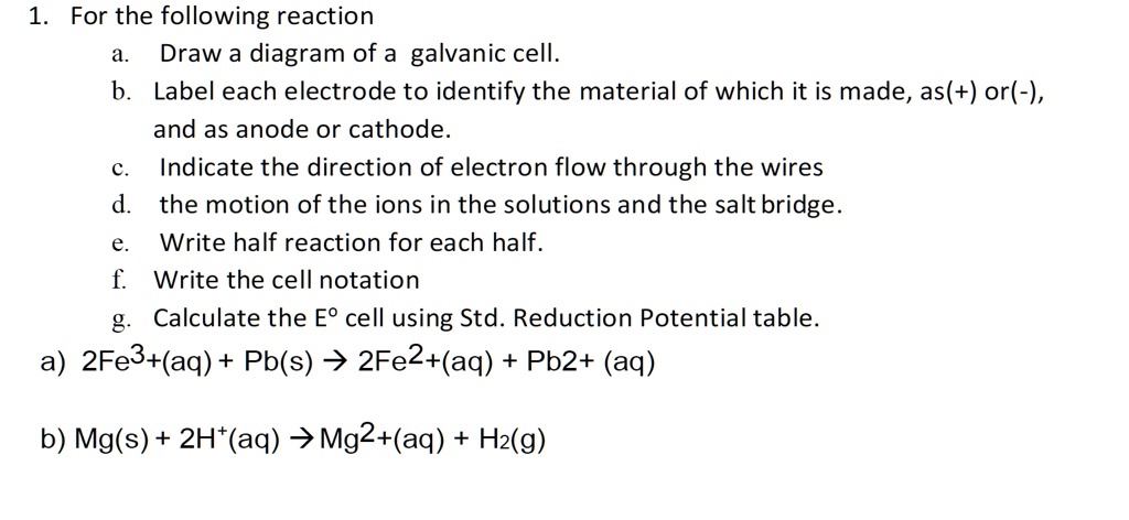 SOLVED: For the following reaction, draw a diagram of a galvanic cell. b. Label each electrode ...