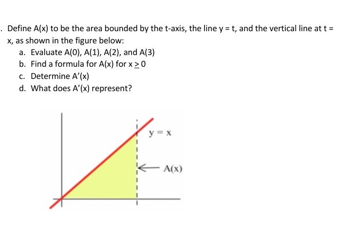 . Define A(x) to be the area bounded by the t-axis, the line y=t, and ...